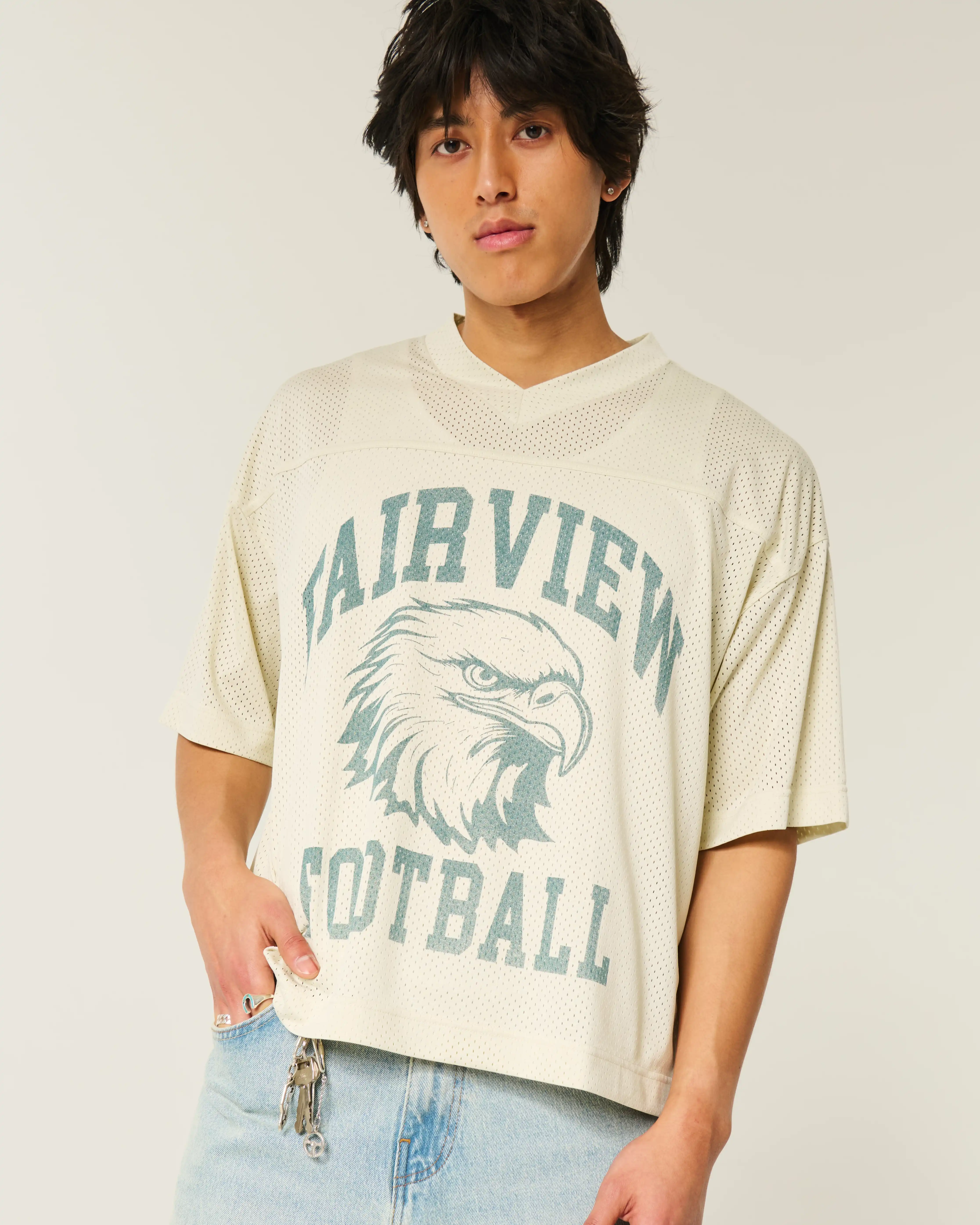 Boxy Crop Fairview Football Graphic Jersey - dark cream - Hollister Co.